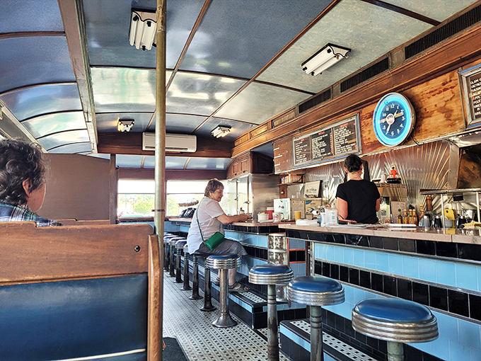 The view showcases the diner's unique position in Gardiner, a stainless steel time capsule perched above the street.