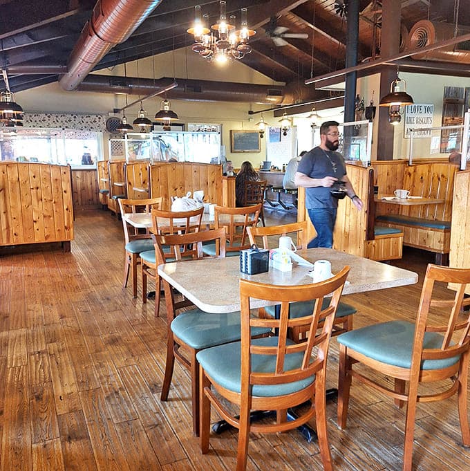 Empty tables that won't stay that way for long – the calm before the breakfast storm in this beloved local institution.