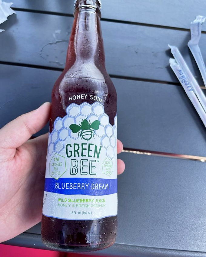 Green Bee Blueberry Dream soda &ndash; a local Maine craft beverage that pairs perfectly with seafood, offering sweet-tart refreshment between bites.