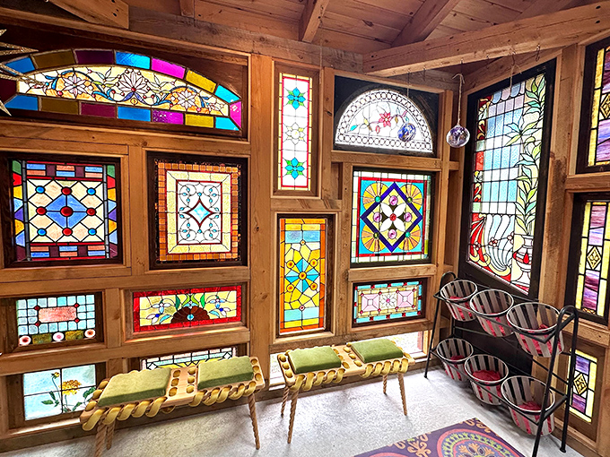Sunlight filters through vibrant stained glass, transforming this quiet nook into a glowing kaleidoscope sanctuary.