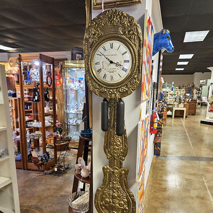 Time literally stands still with this ornate wall clock, a golden reminder of craftsmanship from an era before planned obsolescence.