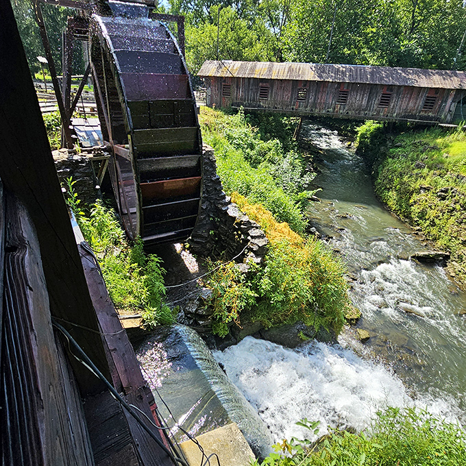 From this vantage point, you can watch the powerful waterwheel in action, harnessing the same river energy that's powered the mill for centuries.