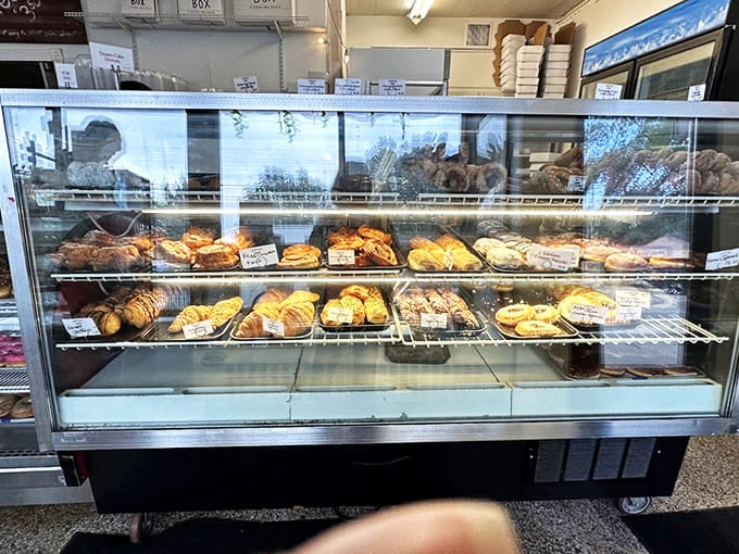 A display case that's basically a museum of deliciousness, showcasing golden pastries that deserve their own spotlight and standing ovation.