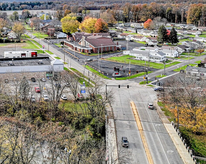 A bird's-eye view reveals how Newton Falls nestles perfectly into the rolling Ohio landscape, a small town with a big heart.