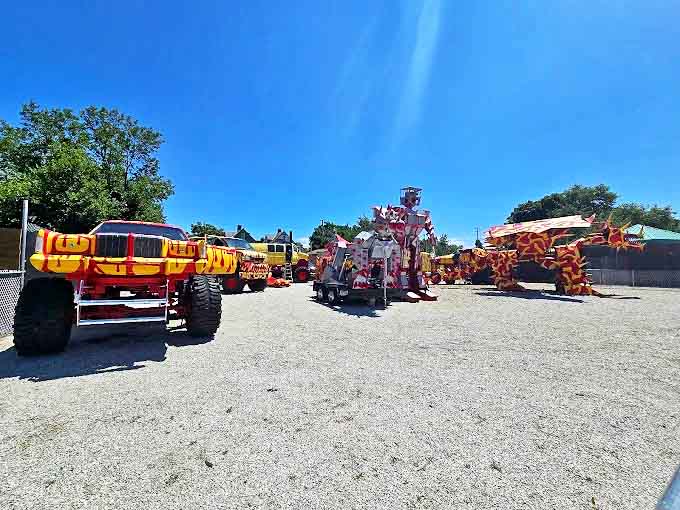 The wide-angle view reveals the yard's impressive collection, where each creation competes for attention in this metal menagerie.
