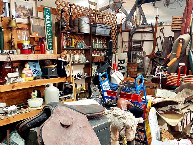 This booth's organized chaos perfectly captures the thrill of the hunt, with saddles, signage, and household items from rural America's past.