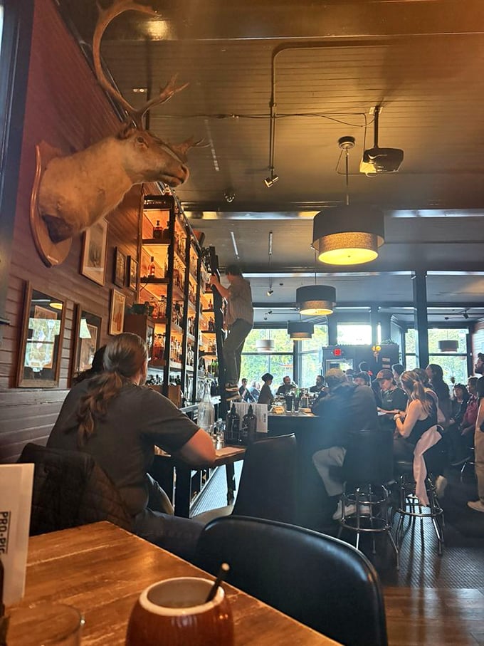 The bustling bar area features a watchful moose overlooking patrons enjoying Vermont's finest craft beers and elevated comfort food.