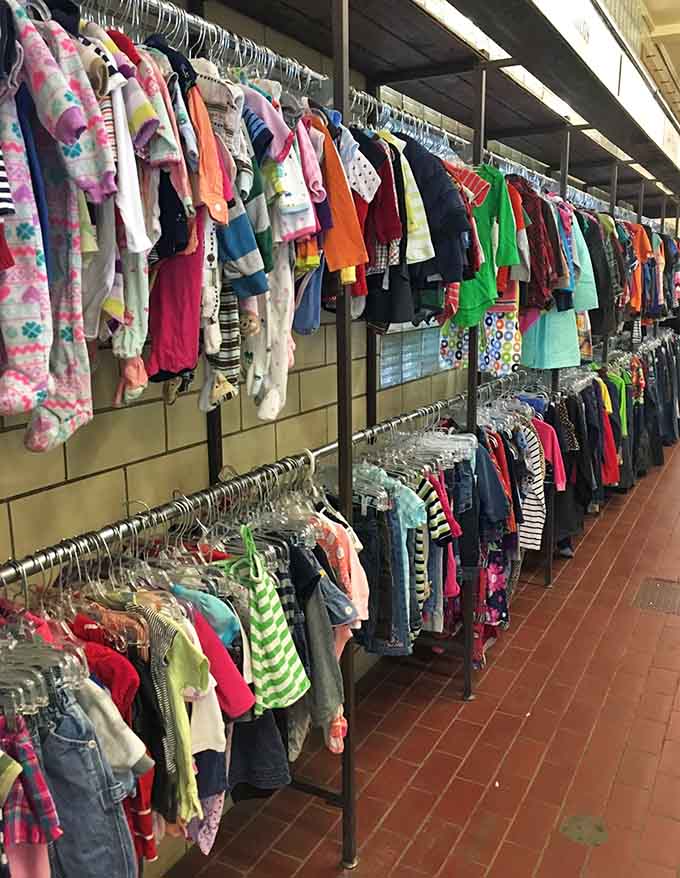 Children's clothing fills the racks with colors and patterns, offering parents budget-friendly options that don't sacrifice style or quality.