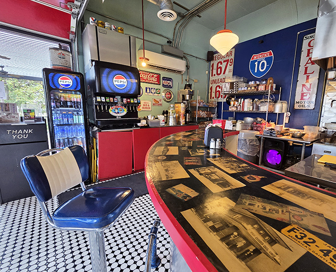 Vintage signs and modern conveniences coexist in this corner where thirst meets its match.