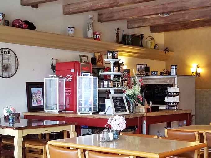 The counter area shows off vintage touches and a classic Coca-Cola cooler, because some things never go out of style.