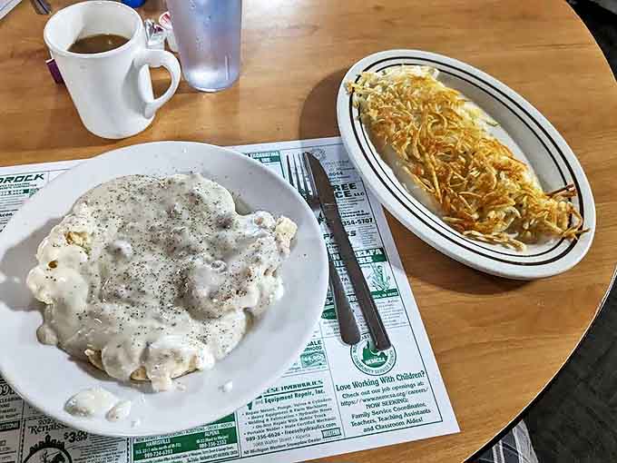 Biscuits and Gravy: Freshly baked biscuits swimming in peppery sausage gravy &ndash; the kind of breakfast that fuels lumberjacks and vacation adventures alike.