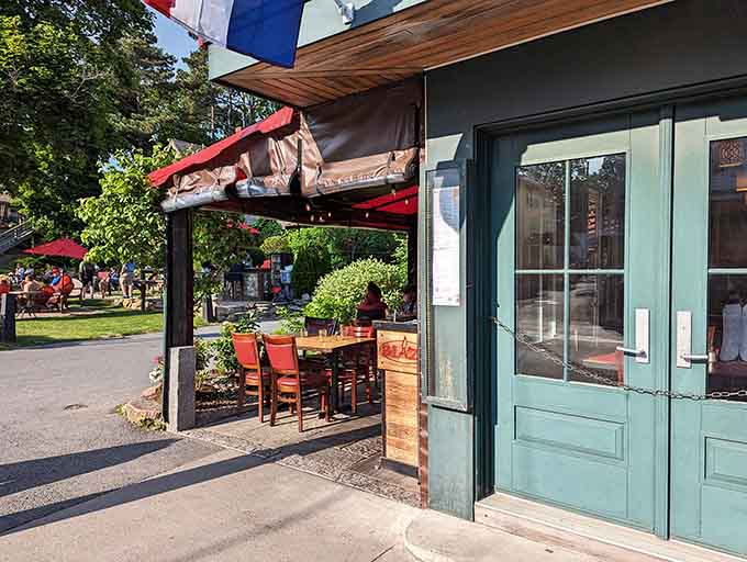 The outdoor seating area provides prime people-watching opportunities while you savor your meal in the fresh Maine air.