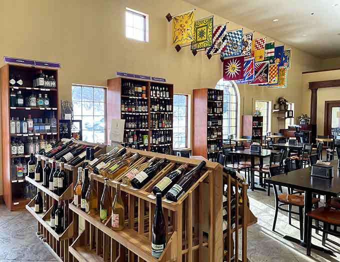 Those wine racks aren't just decorative, they're filled with carefully selected bottles ready to complement whatever delicious choice you've made today.
