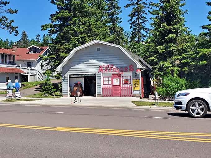 The street view shows Cabin Antiques nestled perfectly into Grand Marais, looking exactly like the kind of place where good things are waiting inside.