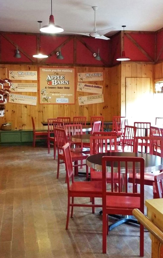 Red chairs invite you to sit a spell, where country comfort meets small-town hospitality.