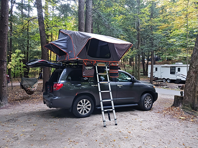 Modern camping embraces innovation with this rooftop tent setup &ndash; sleeping under stars while staying comfortably above ground.