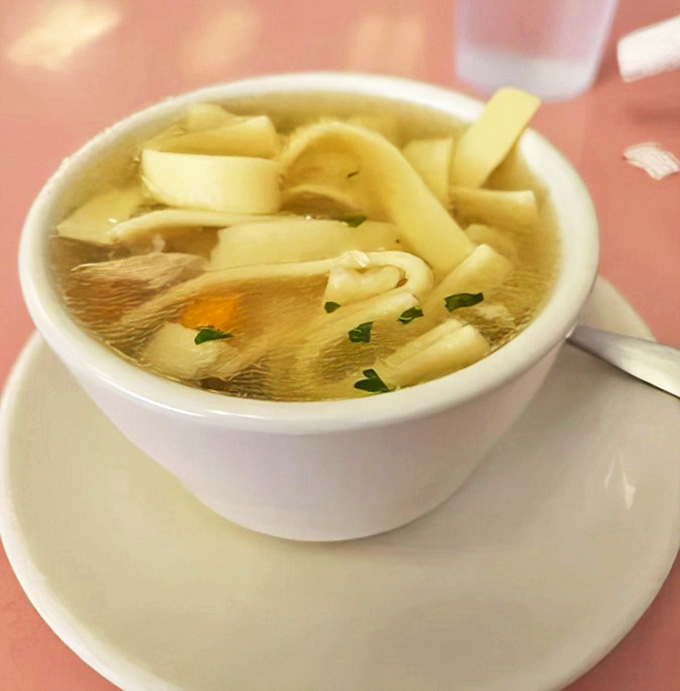 Homemade chicken noodle soup with wide, flat noodles that dance in broth so clear you can see your reflection—and future happiness.