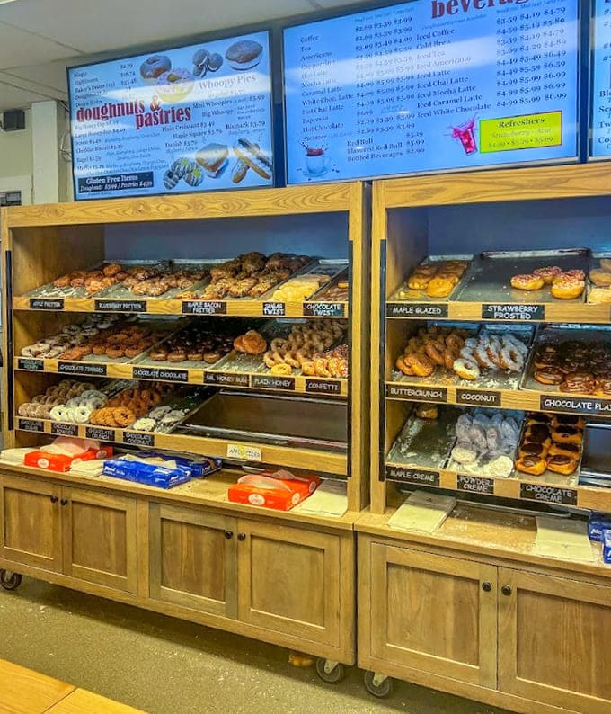 Those wooden display shelves hold the day's fresh offerings, each slot a different flavor adventure waiting to happen.