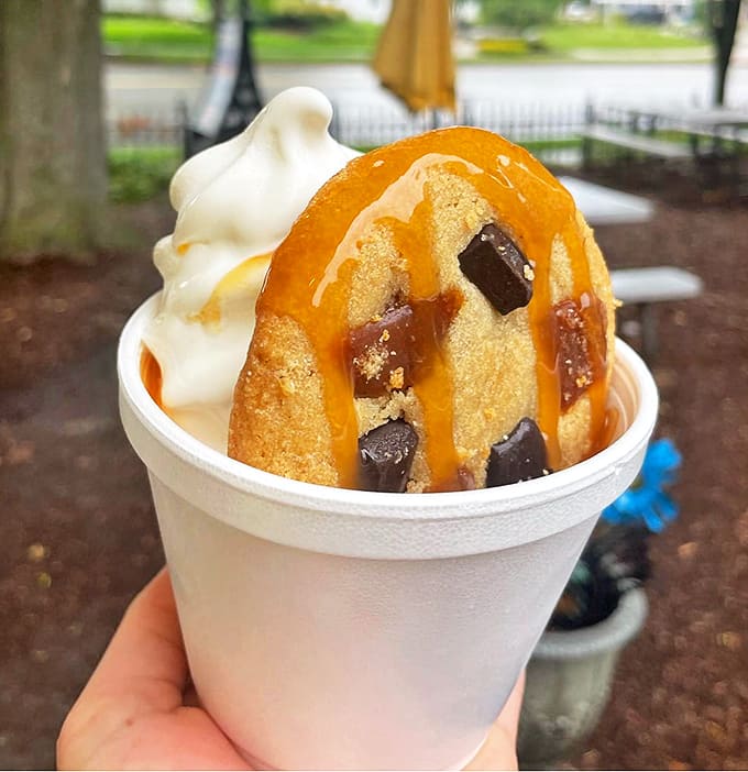 Cookie Sundae: Warm cookie meets cold cream in a temperature tango that makes taste buds dance. The caramel drizzle is just showing off.