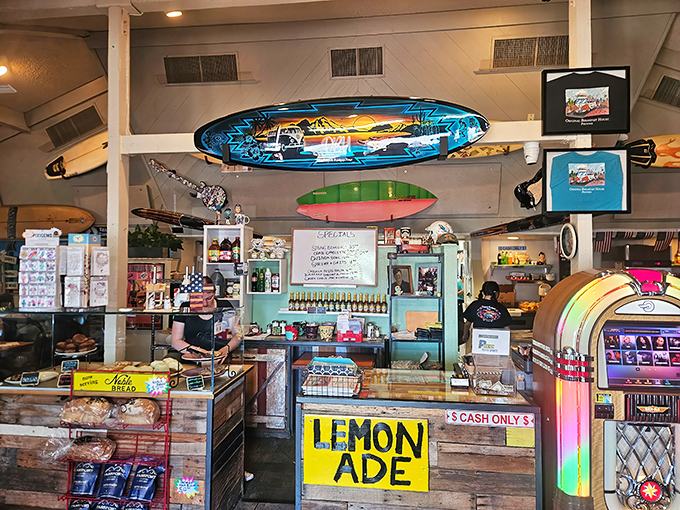 The counter area feels like a nostalgic throwback with its "EAT" sign and "LEMONADE" advertisement &ndash; simple pleasures from a simpler time.