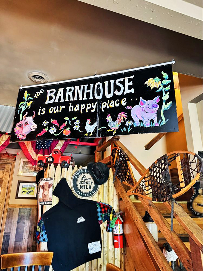 The Barnhouse is our happy place proclaims the cheerful sign, surrounded by whimsical farm animals that set the tone for this unpretentious eatery.