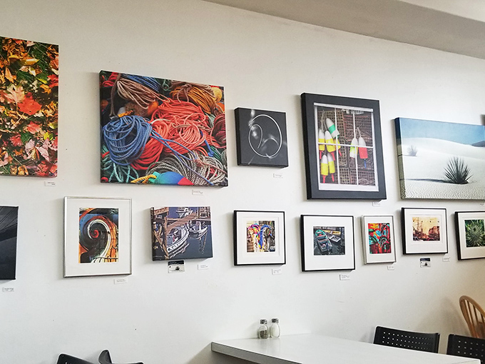 Local artwork transforms walls into a community gallery. It's like eating in a museum where you're actually allowed to laugh.