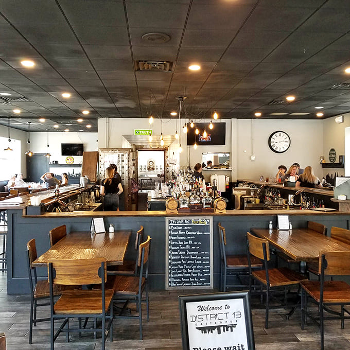 Edison bulbs dangle artistically above the bar, providing ambiance that's trendy without being obnoxiously hipster about it.