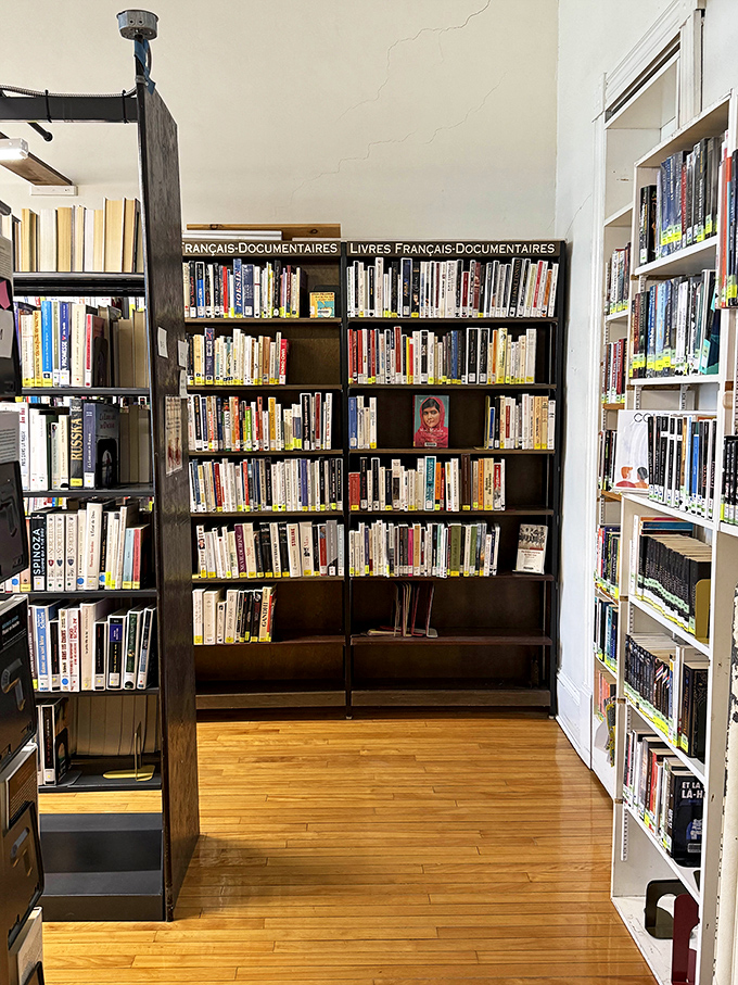 French documentary books line these shelves, offering perspectives from north of the border to curious minds regardless of which country they call home.