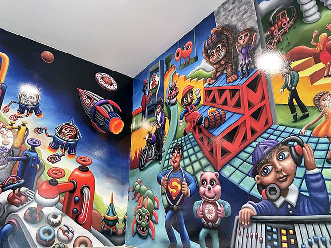 Whimsical murals transform the walls into a fantastical donut universe where calories definitely don't count.