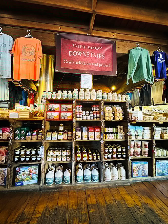 Maple wonderland! The gift shop's shelves groan with liquid gold treasures, ensuring you can take a taste of Vermont magic home with you.