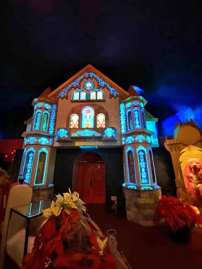 This illuminated miniature cathedral glows with stained glass warmth, like a Christmas village church waiting for midnight mass to begin.
