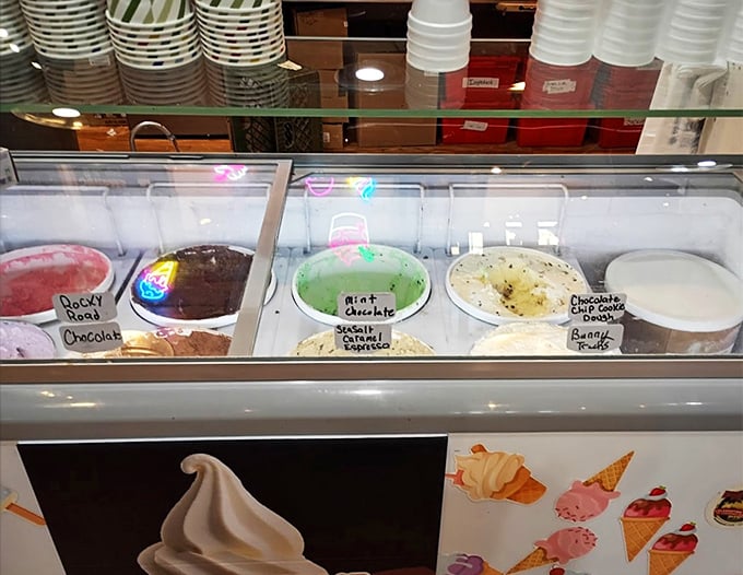 A glimpse into the ice cream case reveals cool, creamy treasures waiting to top a warm slice of pie.