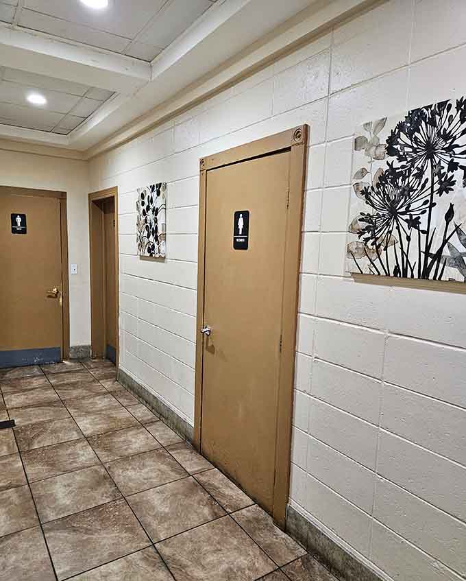 Even the restroom hallway is clean and well-maintained, showing the attention to detail that extends throughout this family-friendly establishment.
