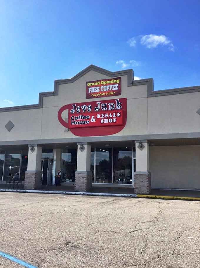 The storefront promises free coffee during grand opening, which is basically an invitation to caffeinate yourself before the treasure hunt begins.