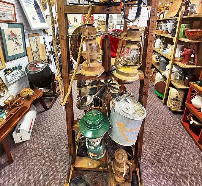 Kerosene lanterns that once illuminated farmhouses before rural electrification, their glass chimneys still ready to cast a warm glow.