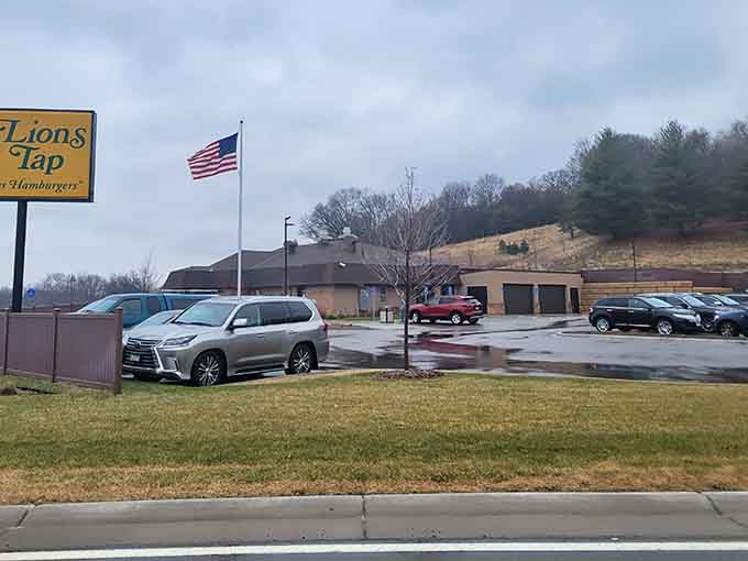 The parking lot on a typical day, where cars from near and far gather in pursuit of burgers and root beer that justify the journey.