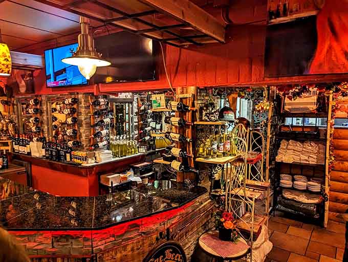 That bar area is stocked and ready to pour you something delicious while you wait for your table and contemplate your pasta choices.