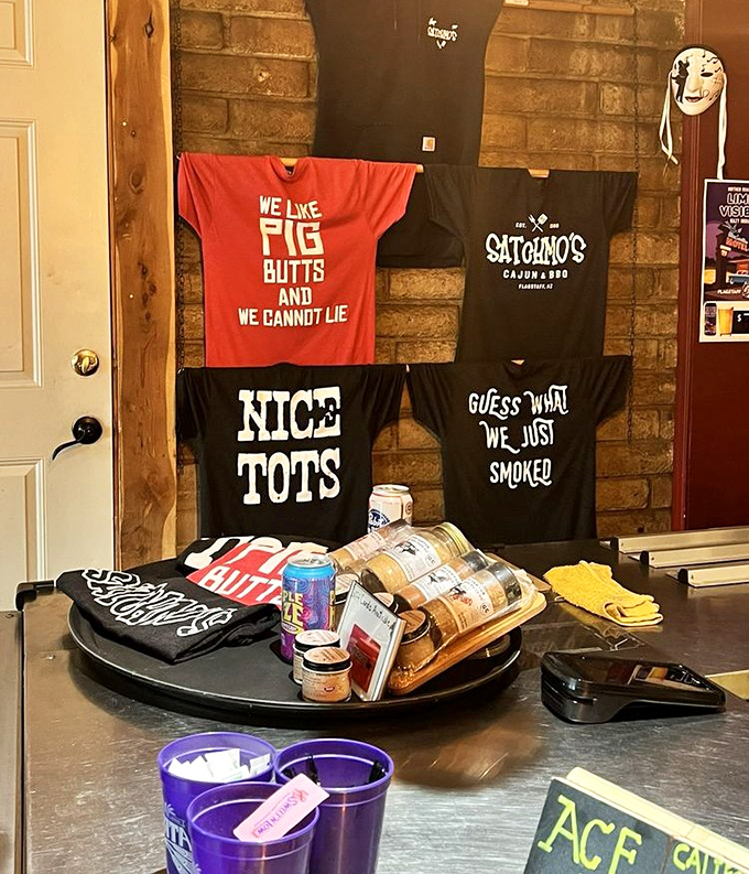 Satchmo's merch tells you everything about their sense of humor. "We like pig butts and we cannot lie" might be the best BBQ t-shirt ever.