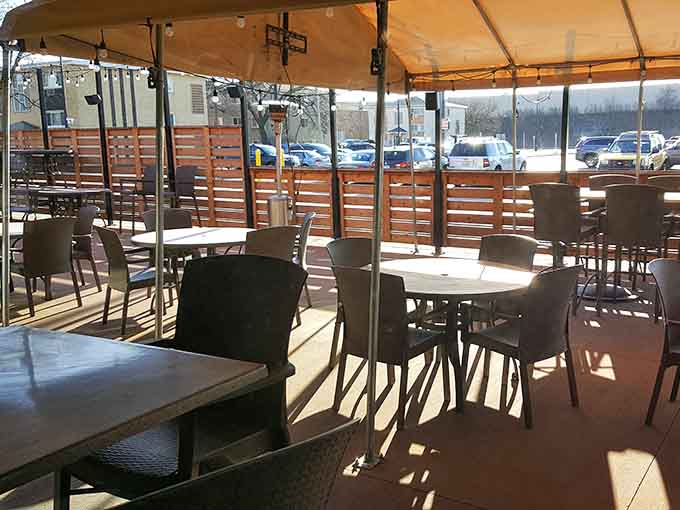 Outdoor patio seating lets you enjoy your deep-dish in the fresh air, weather permitting and appetite demanding.