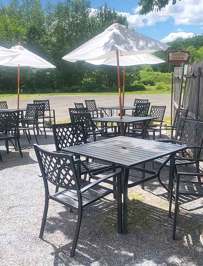 The outdoor patio provides a lovely setting for enjoying your seafood chowder while soaking up the Maine sunshine on beautiful days.