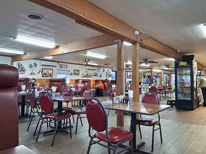 Wood beams and comfortable seating create the perfect backdrop for meals that have become tradition for locals and revelation for visitors.