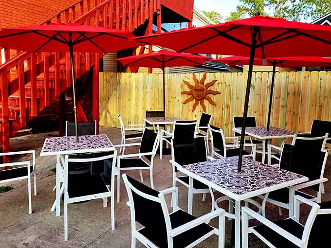 The outdoor patio with its cheerful red umbrellas offers al fresco dining when Michigan's weather decides to cooperate.