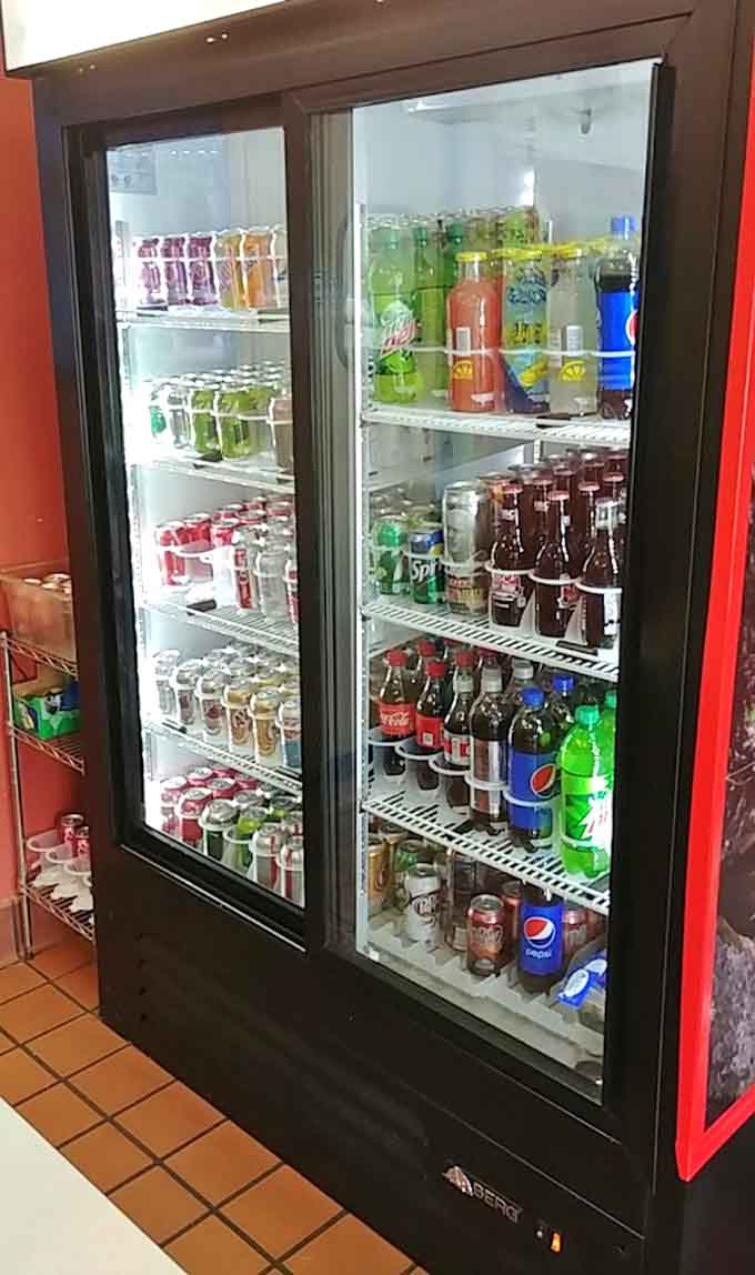 The beverage cooler stocks everything needed to wash down your hearty meal with cold refreshment.