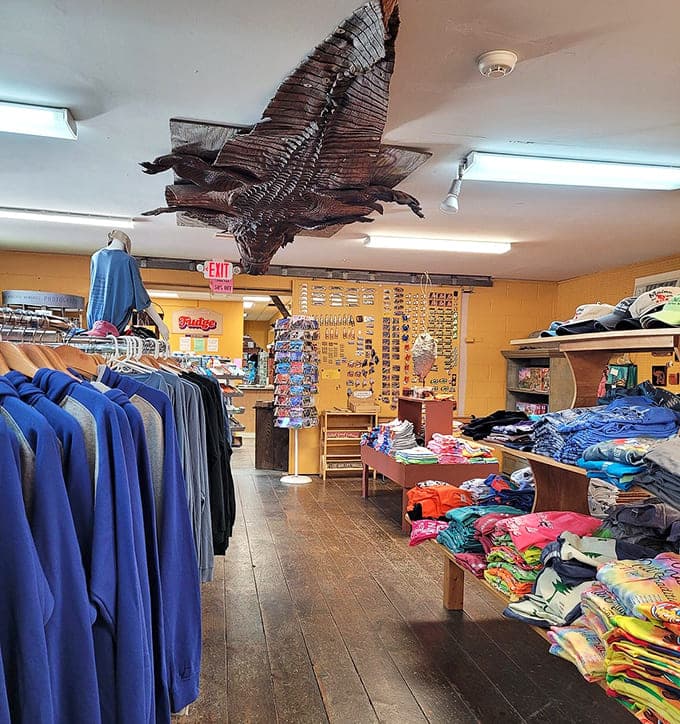 A majestic eagle soars overhead while shoppers browse below, because normal retail displays are for people without imagination or taxidermy.