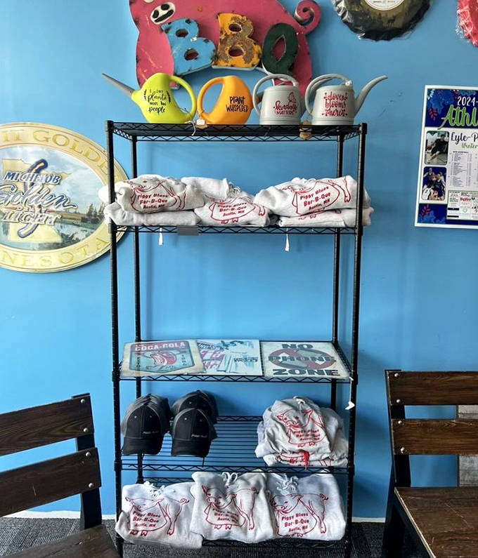 Take the Piggy Blue's experience home &ndash; merchandise shelves stocked with branded mugs, shirts, and sauces for barbecue enthusiasts to remember their pilgrimage.