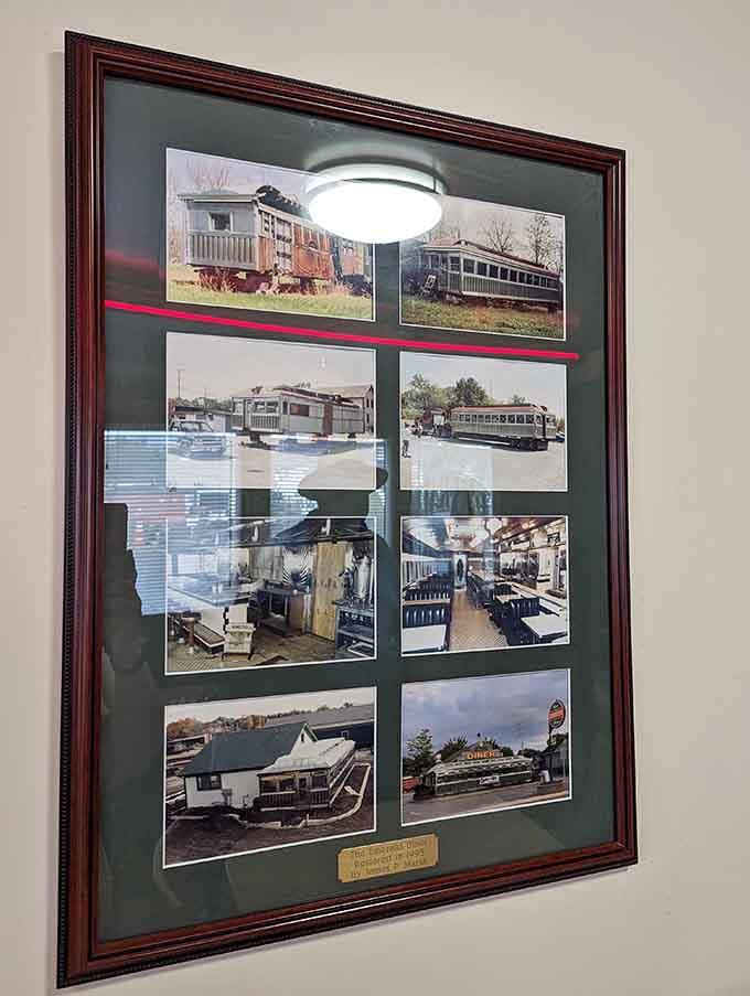 Framed photos document this trolley's journey from passenger transport to breakfast paradise, proving good things come to those who preserve history.
