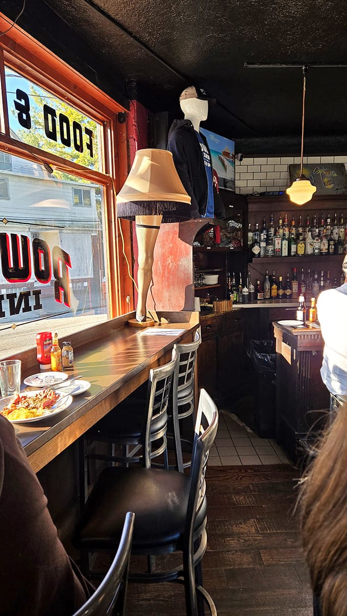 Window seats offer prime people-watching with your pierogi &ndash; the leg lamp in the corner is a cheeky nod to the Christmas Story house nearby.