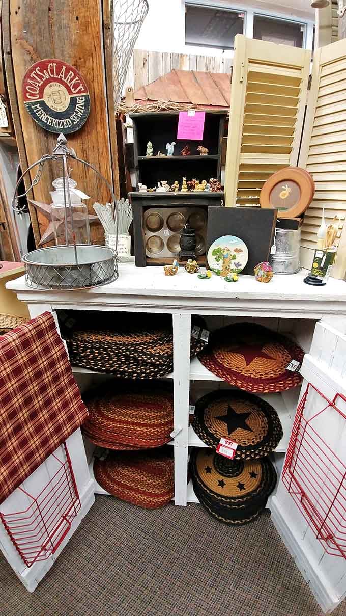 Braided rugs and figurines that grandma would recognize &ndash; comfort underfoot and whimsy on the shelf in perfect nostalgic harmony.