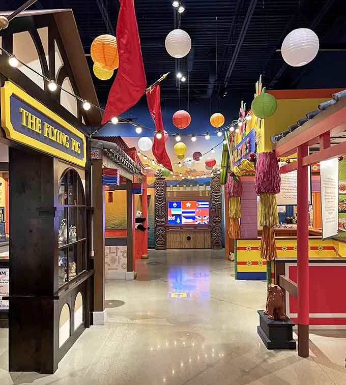 Colorful displays and hanging lanterns create a festive atmosphere that celebrates SPAM&reg;'s global journey from Austin to everywhere.