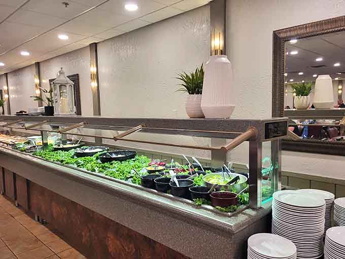 The salad bar offers fresh vegetables and toppings to balance out all that glorious meat indulgence.